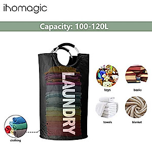 IHOMAGIC Portable Laundry Hamper, Laundry Basket with Aluminum Handle, 120L XL Foldable Washing Bin, Oxford Fabric Laundry Bag Oversize Storage Bin for Kids Toys, Blankets (XL, Black)