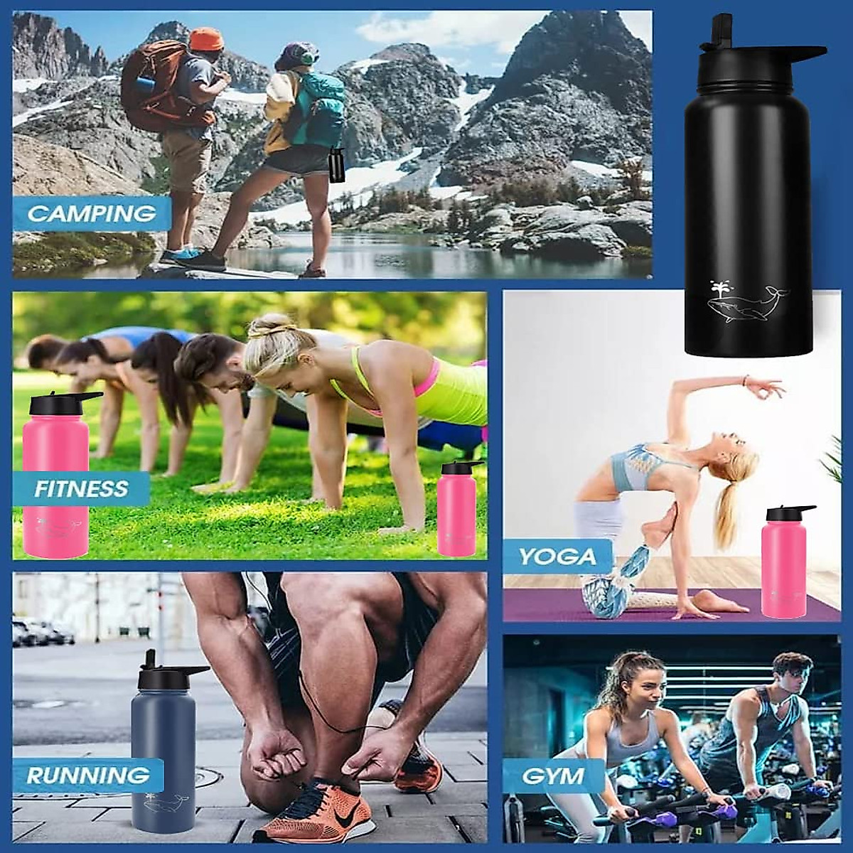 Stainless Steel Water Bottle 40 oz, 2 type Lid, Straw Lid, Wide Mouth, Leak Proof, Vacuum Insulated Stainless Steel, Double Walled, Carrying Pouch, Hot Cold Water, Powder Coating (Prussian Blue)
