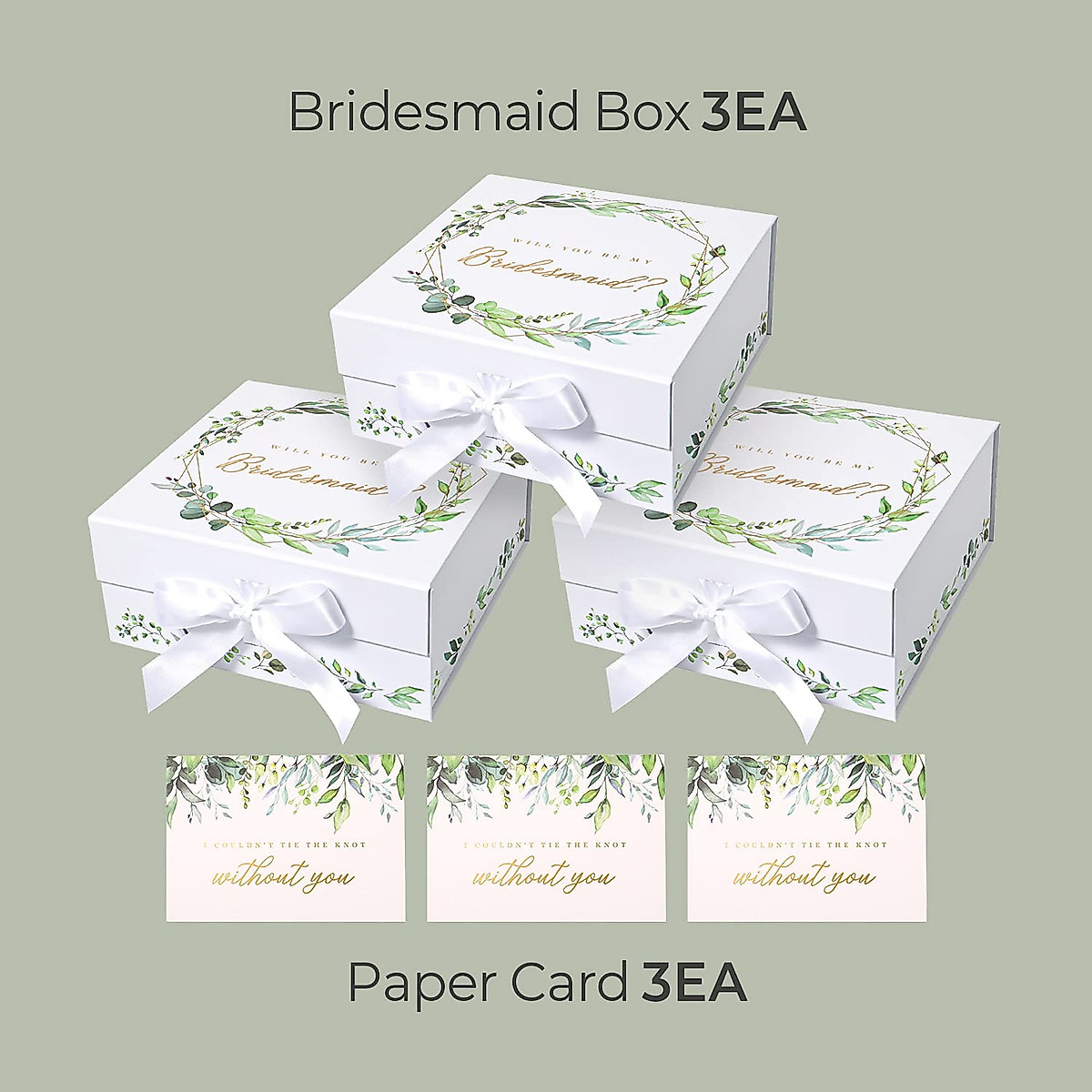 BRIGEL Bridesmaid Proposal Box Set of 3, 3 Will You Be My Bridesmaid Proposal Boxes for Bridesmaid Gifts, Leaf-Patterned White Box with Gold-Foiled Text, Magnetic Closure, and a White Ribbon