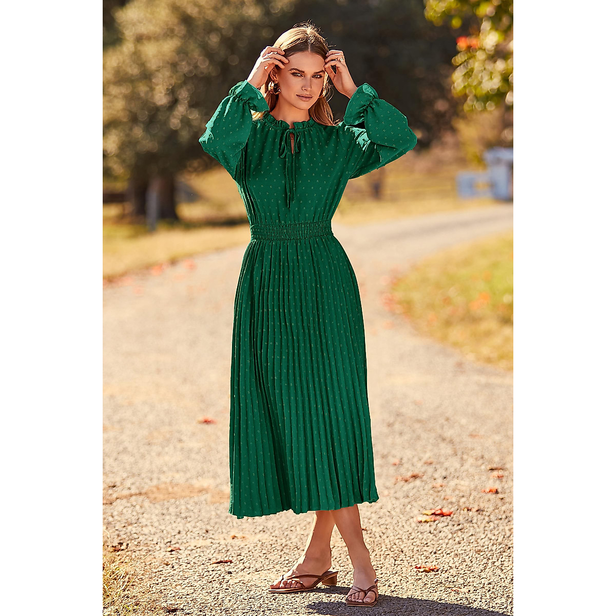 PRETTYGARDEN Women's 2024 Fall Midi Dress Casual Long Sleeve V Neck Swiss Dot Pleated A Line Flowy Dresses (Dark Green,Large)