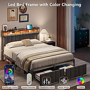 MEIJUJIA Queen Bed Frame with 2 Storage Drawers and LED Lights Headboard, Upholstered Bed Frame Queen Size with Charging Station, No Box Spring Needed, Easy Assembly - Grey