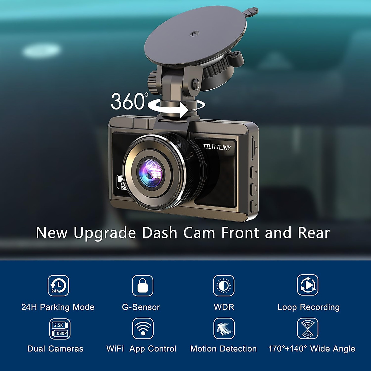 Dash Cam Front and Rear 2.5K+1080P FHD WiFi Dual Dash Camera for Cars, 170° Angle Dashboard Camera with 64G SD Card, App Control,3” IPS Screen,Night Vision,Parking Mode,G-Sensor,WDR,Loop Recording