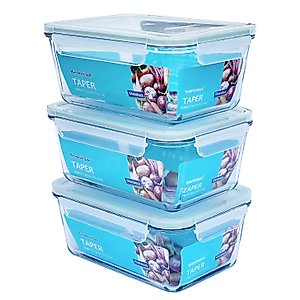 Glasslock Taper Rectangular Glass Food-Storage Container with Locking Lids Anti-Spill Microwave Safe 57.5 oz / 1700 ml - 3 Container Set