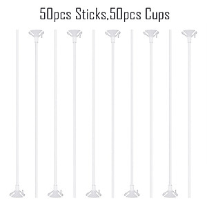 Pllieay 50 Pieces Plastic White Balloon Sticks with Cups for Party, Valentine's Day, Wedding, Anniversary Decoration