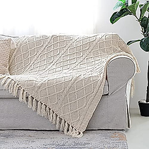 Solid Soft Cozy Cable Knitted Blanket Throw, Lightweight Decorative Textured Cream Throw Blanket with Fringes for Couch Chairs Bed Sofa,Beige, 50"x 60"