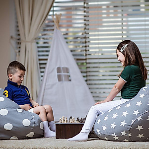 Wekapo Stuffed Animal Storage Bean Bag Chair Cover for Kids | Stuffable Zipper Beanbag for Organizing Children Plush Toys Large Premium Cotton Canvas (Grey star, X-Large)