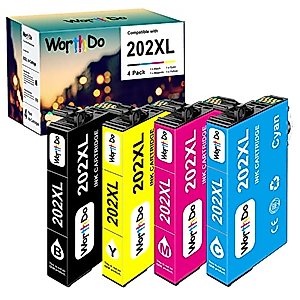 WORTHDO Remanufactured 202 XL Ink Cartridges for Epson 202XL to use with Expression Home XP-5100 Workforce WF-2860 Printer (1 Black, 1 Cyan, 1 Magenta, 1 Yellow)
