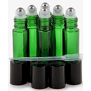 Vivaplex, 6, Green, 10 ml Glass Roll-on Bottles with Stainless Steel Roller Balls - .5 ml Dropper included