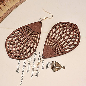 Wovanoo Wood Earrings for Women Natural Wooden Teardrop Drop Dangle Earring Flower Brown