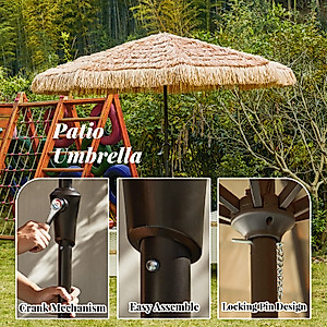 KITADIN 10FT Patio Umbrella Thatched Tiki Outdoor Umbrella with Plug Tropical Hawaiian Style Grass Beach Umbrella with Crank Lift Natural (No Base)
