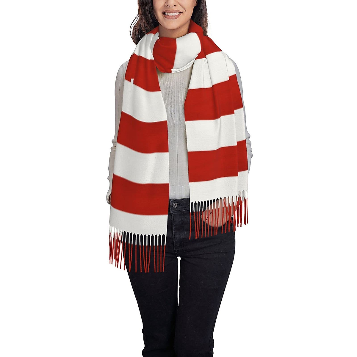 MIGAIUOI Women's Scarf Wraps White and Red Cashmere Feel Scarves With Tassel for Ladies Cold Weather Scarfs Gift