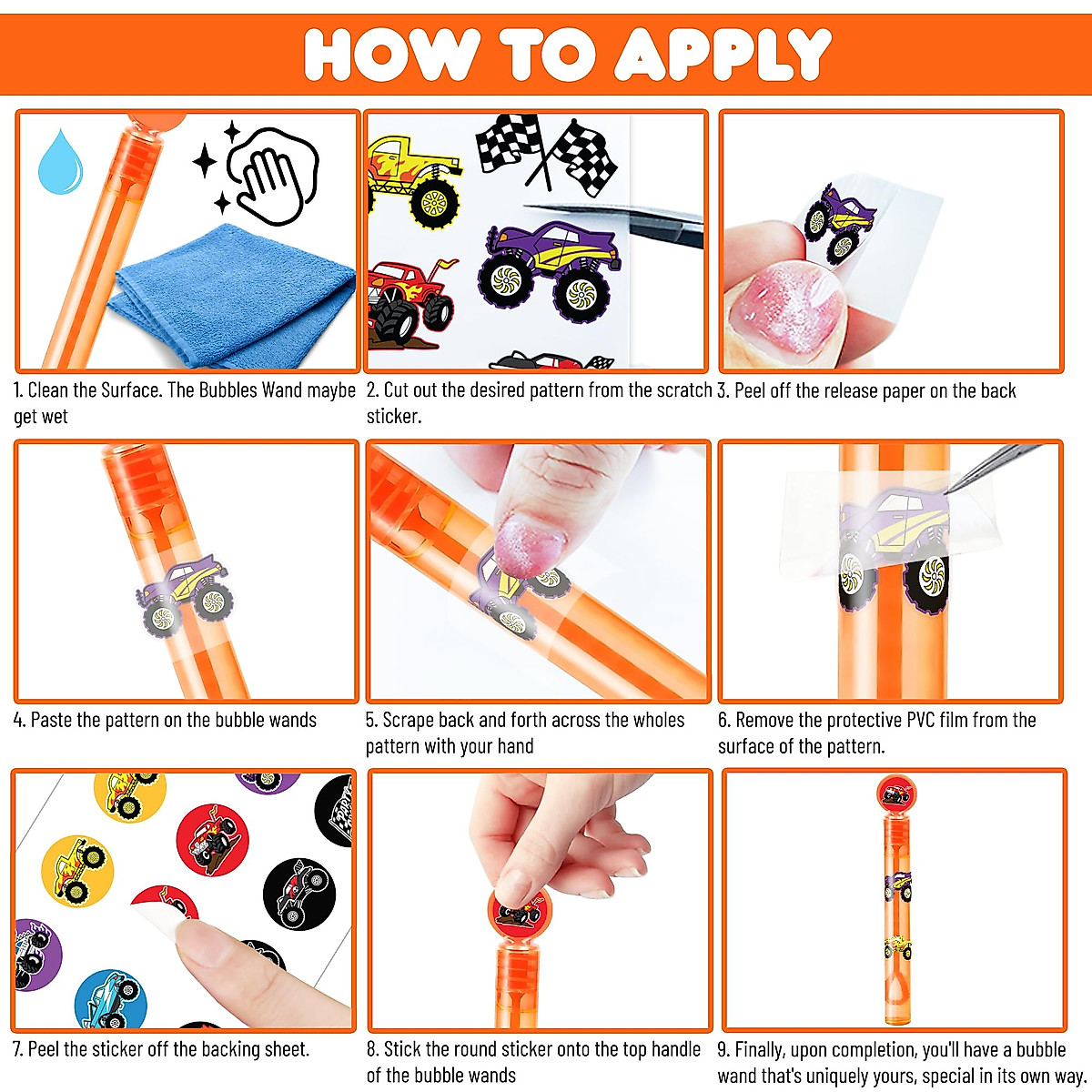 24PCS Monster Truck DIY Bubble Wands Party Favors 96PCS Stickers for Goodie Bag Fillers Pinata Stuffers, Mini Bubble Bulk Birthday Party Supplies Toys Gifts Class Prizes Toddlers Boys Girls