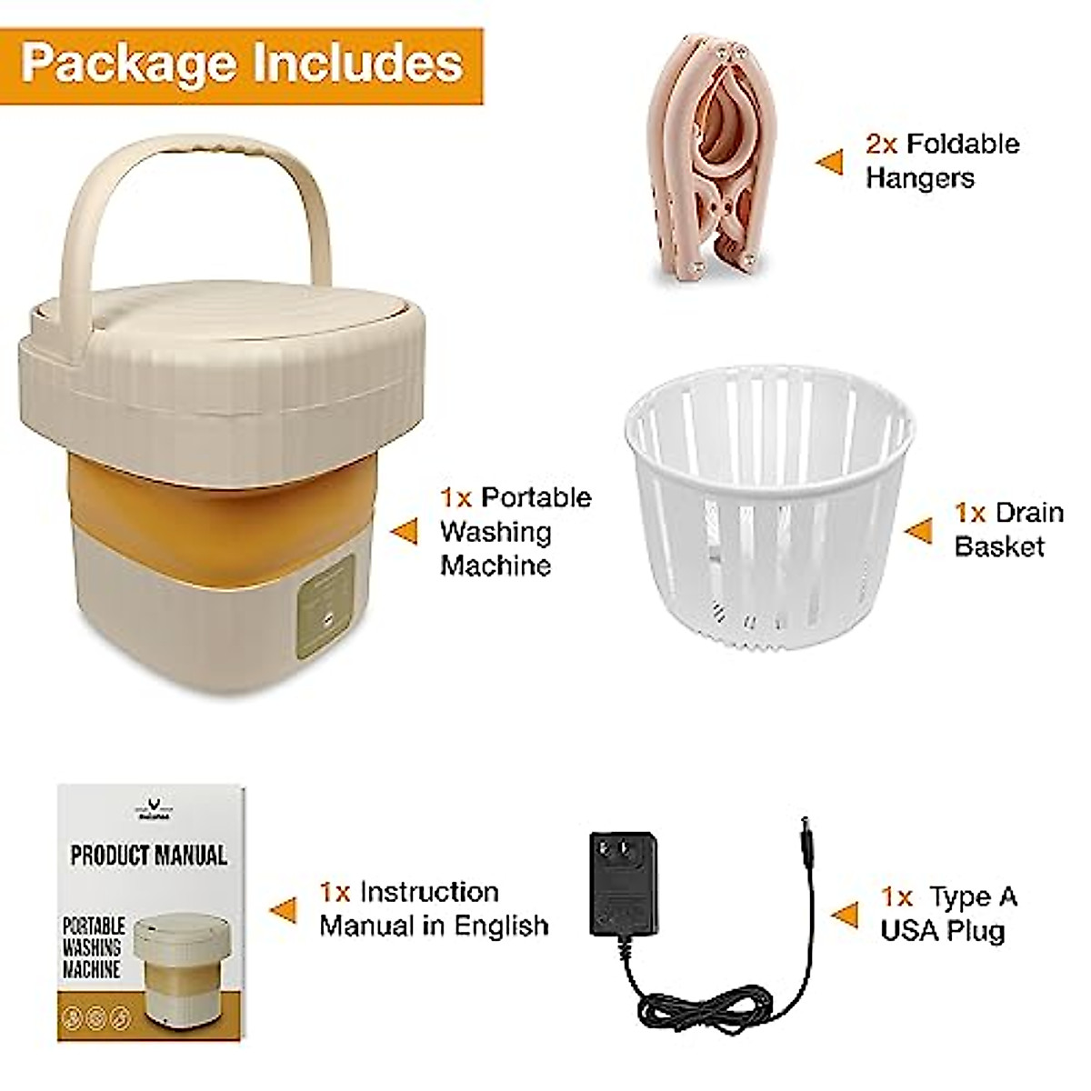 Foldable Washing Machine with Drain Basket and 2 Hangers - Mini Portable Washing Machine, Mini Washer, Portable Washer Machine - 6L Capacity, Plugin, Natural Cream Color - Perfect for Compact Living