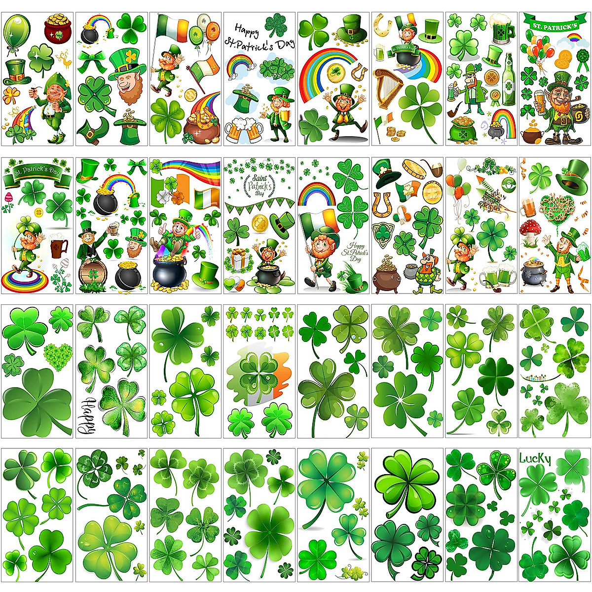 VANTATY 32 Sheets 248+ PCS St Patricks Day Tattoos For Kids Girls Boys Women Men Adults, Saint St. Patrick's Day Accessories Shamrock Temporary Tattoo Stickers, Lucky Clover Tattoo Irish Party Favor