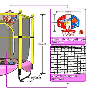 60" Trampoline for Kids, 5 FT Toddler Baby Trampoline with Safety Enclosure Net, Indoor or Outdoor Pink Small Recreational Trampolines with Basketball Hoop, Birthday Gifts for Kids, Gifts for Girl