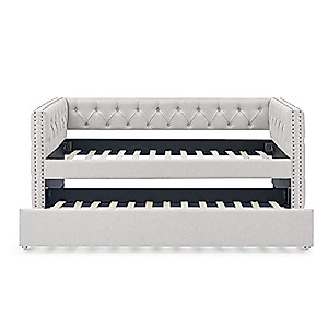 HABITRIO Daybed with A Trundle, Solid Wood Structure Beige Linen Upholstered Twin Size Day Bed Frame w/Twin Roll-Out Trundle, No Box Spring Needed, Furniture for Bedroom, Living Room, Guest Room