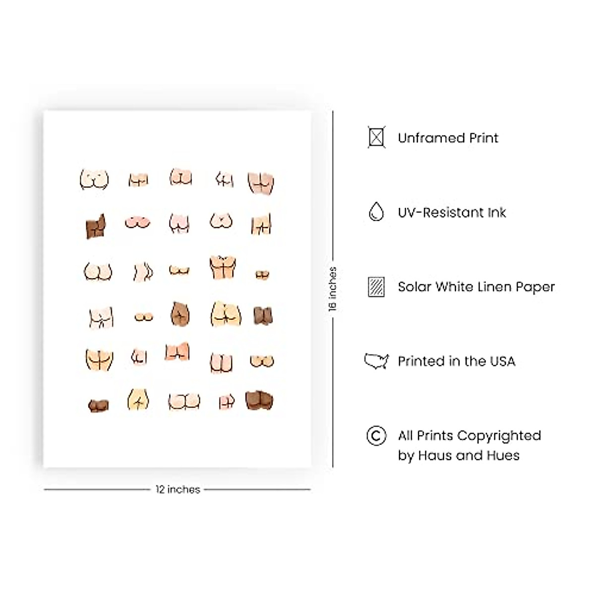 HAUS AND HUES Funny Bathroom Art Funny Bathroom Decor Butts Collage Cute Bathroom Decor Art Print Funny Bathroom Sign Funny Bathroom Wall Art Funny Bathroom Poster | 12" x 16" UNFRAMED (Butts)