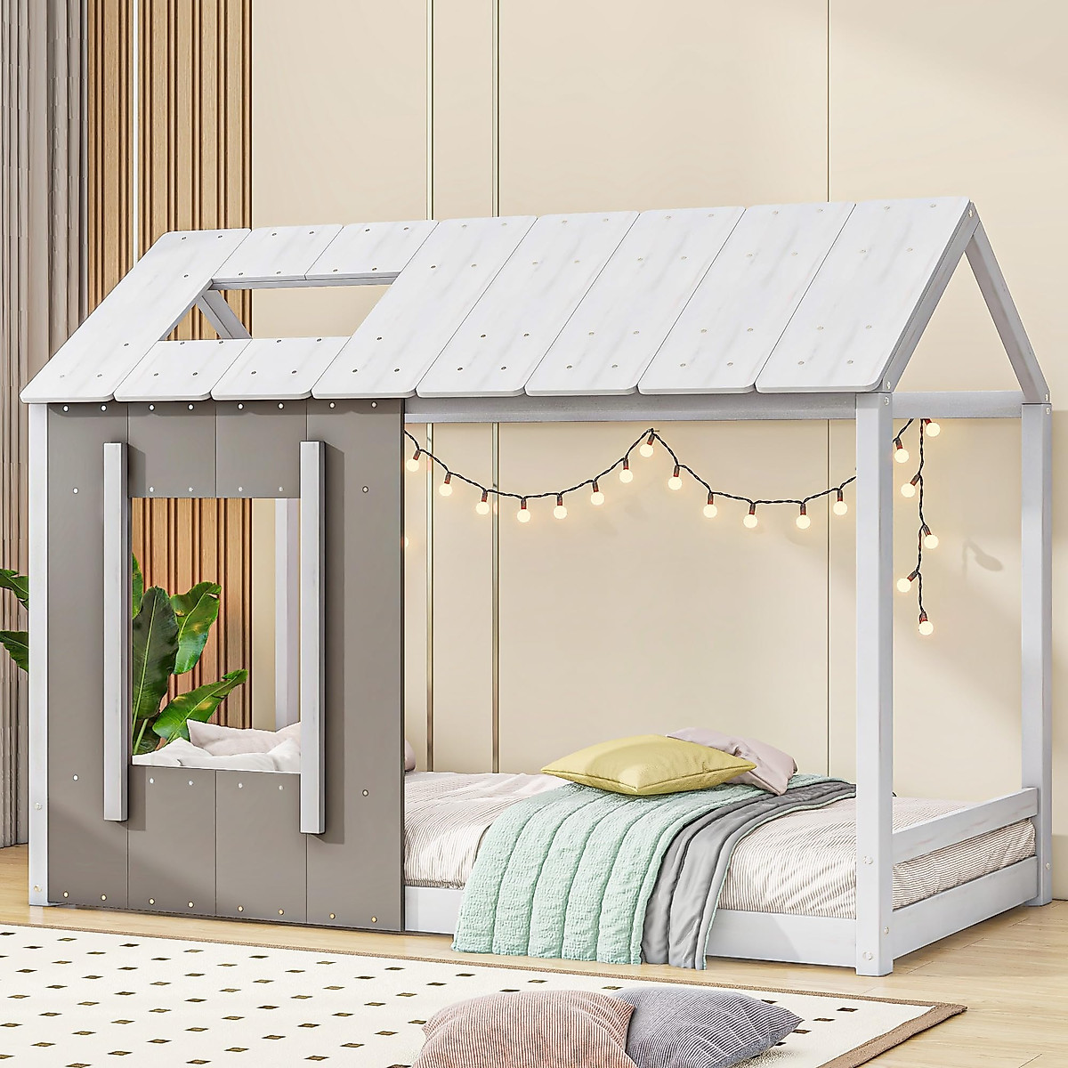 Merax House Platform with Roof and Window, Antique Grey+Antique White