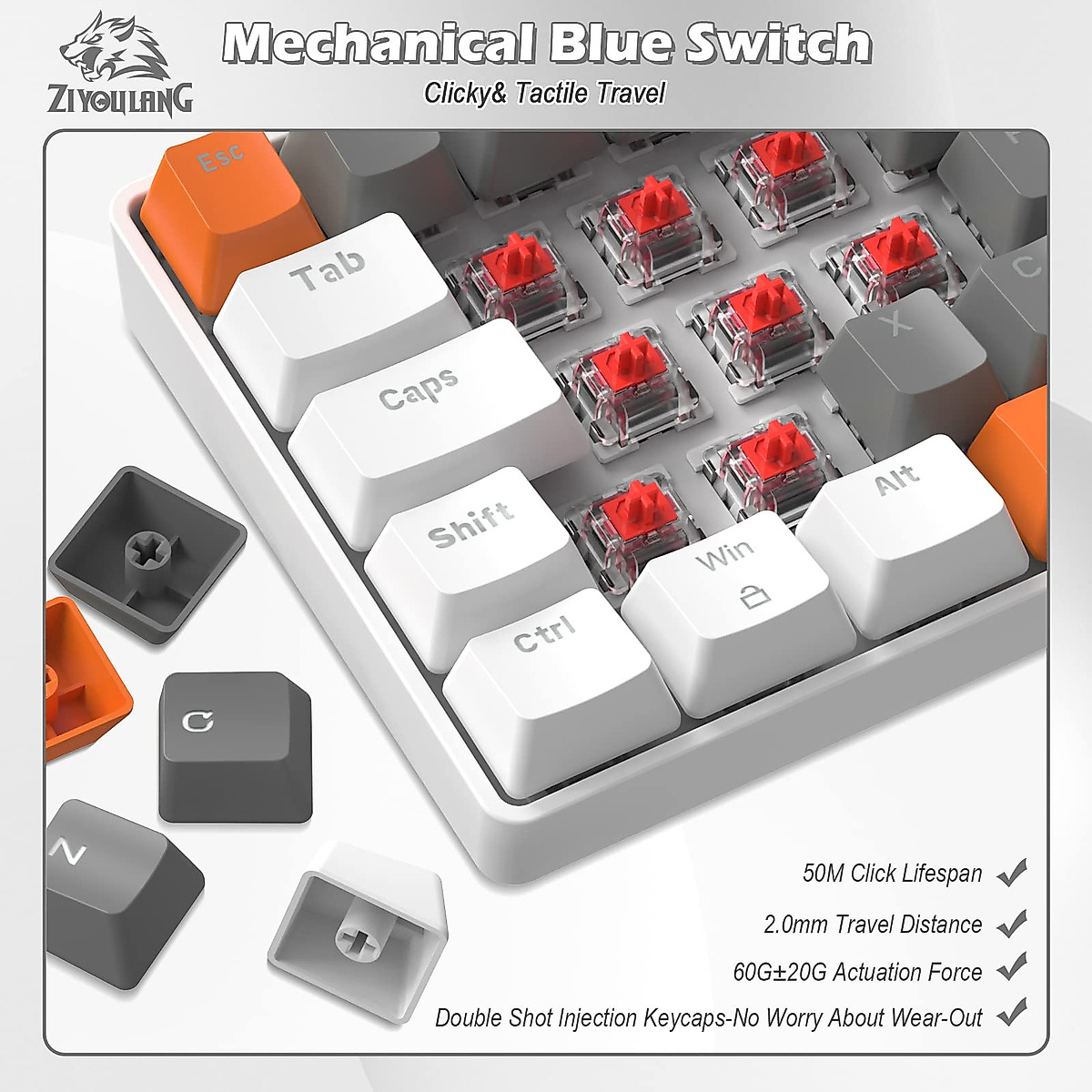 ZIYOU LANG RK-T60 Wired Mechanical Gaming Keyboard and Mouse Combo Portable with Rainbow Backlit 62Key NKRO 6400DPI RGB Honeycomb Mice Coiled Aviator Cable for PS4/PC/WIN Gamer(Light Gray/Red Switch)