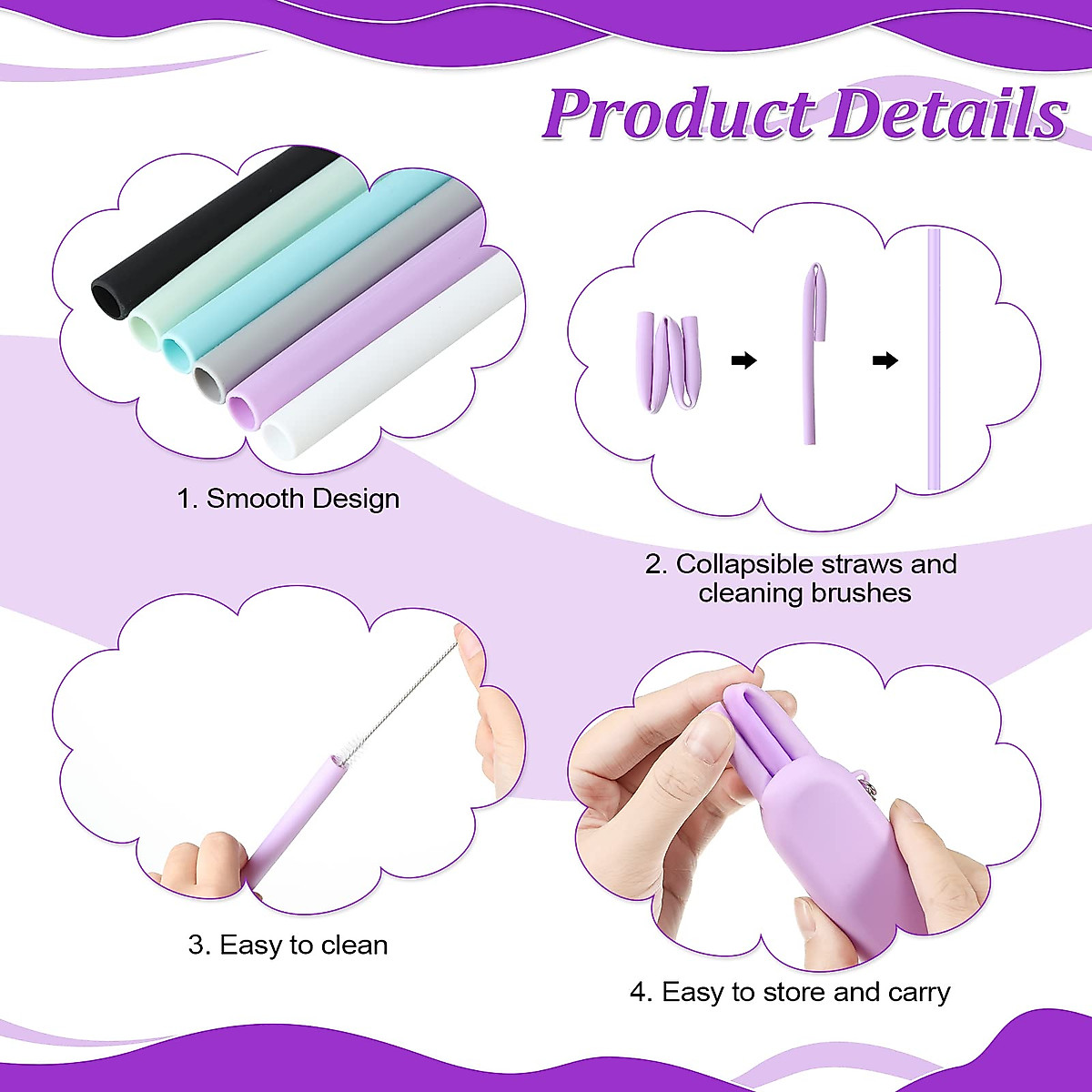 12 Set Reusable Collapsible Straws with Case Silicone Travel Straws Foldable Portable Drinking Straws with Carry Case and Cleaning Brushes for Home Party Travel Picnic