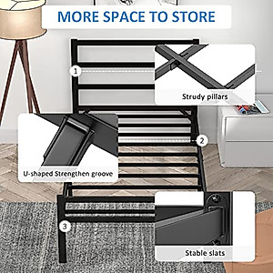 Mr IRONSTONE Twin Size Bed Frame with Headboard Platform Bed with Storage no Box Spring Needed Assembly Mattress Foundation，Black
