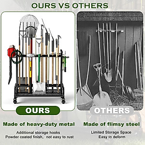 YAGEANNL Garden Tool Organizer with Wheels, Large Capacity Garage Tool Organizer with Hooks, Garden Tool Rack for Broom, Shovel, Long Handled Tool, Metal Yard Tool Organizer for Garage, Shed, Outdoor
