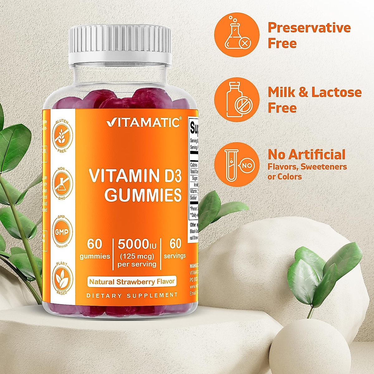 Vitamatic Vitamin D3 Gummies - 5000 IU Per Gummy - 60 Gummies - Great Taste - Healthy Bones, Teeth, Mood, Joint & Immune System Function