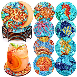 BABORUI Diamond Painting Coasters, 8Pcs 5D Ocean Diamond Art Kits for Adults Kids, Sea Diamond Painting Coasters with Holder for Beach House Decor