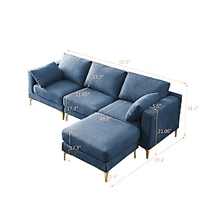 KoiHome 92.9" Convertible Sectional Sofa Couch with Seat Cushion, Modern Leisure L-Shape Couch with 2 Pillows, 4-Seater Sofa Chaise with Metal Legs for Living Room,Bedroom,Office, Polyester, Blue