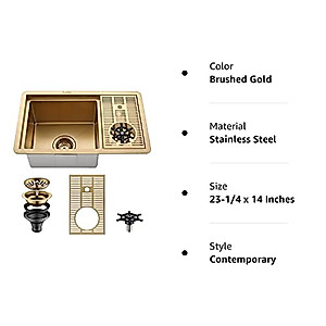 AguaStella AS1514XG Brushed Gold Bar Sink with Glass Rinser Stainless Steel Undermount Prep Kitchen Sink 23-1/4 x 14 Inches Single Bowl
