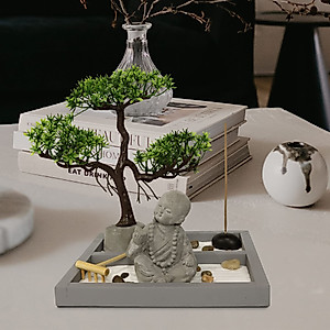 Gray Mini Japanese Zen Sand Garden Set with Incense Holder, Calming Bonsai and Miniature Buddha Statue - Zen Decor for Relaxation and Meditation - Home Decor, Office Accessory, Gift Set