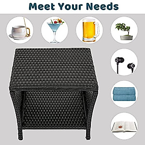 Sundale Outdoor Patio 19" Wicker Coffee Table, Small 2-Tier Rattan Square Short Storage Side Table, All-Weather End Accent Table for Outside Deck Yard Terrace Pool Garden, Black