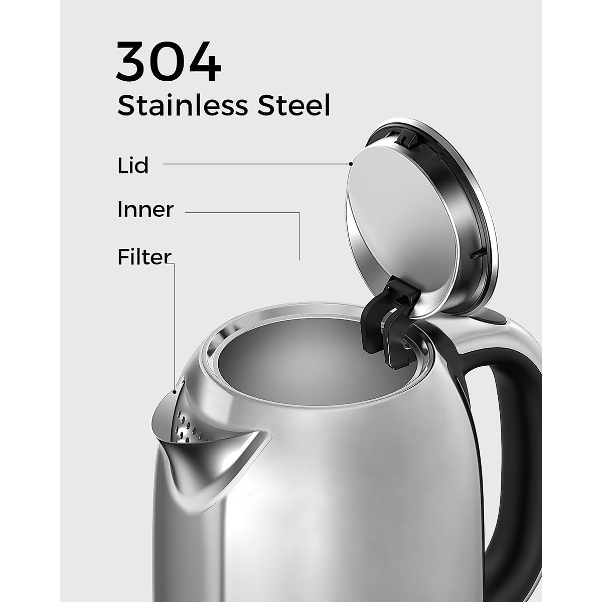 Longdeem Fast-Boil Electric Tea Kettle, 1.7L Stainless-Steel Water Heater, 1500W, Cordless Design with LED, Auto-Shutoff & Anti-Dry Protection, Silver