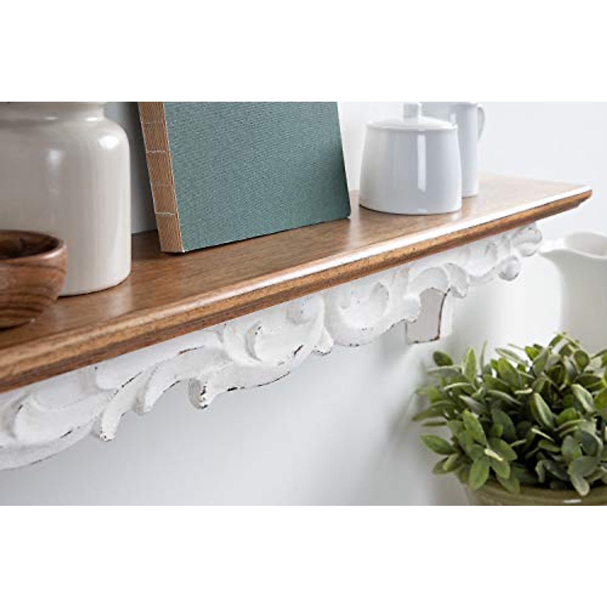 Kate and Laurel Abberly Farmhouse Wall Shelf, 28 x 5 x 6.5, Rustic Brown and White, Rustic Floating Shelf for Wall
