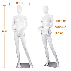 Female Mannequin Full Body Mannequin Torso Dress Form Sewing Dress Model 70 Inches Adjustable Dress Mannequin Clothing Form Plastic Detachable Mannequin Stand Realistic Display Mannequin (White)