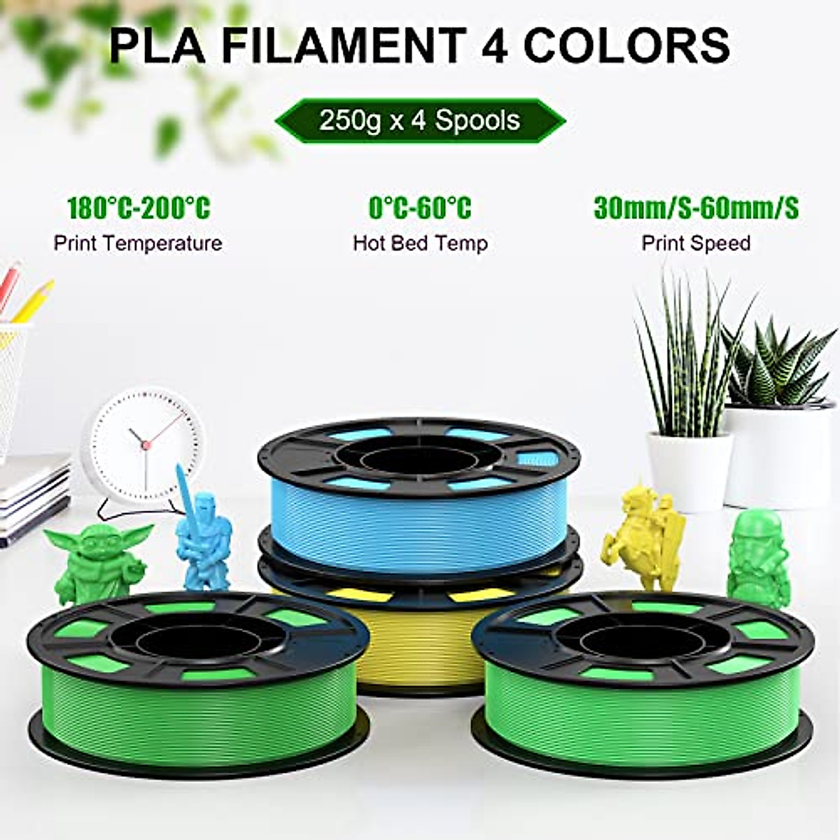 WEEFUN 3D Printer Filament Bundle 250g X 4 Spools, PLA Filament 1.75mm 3D Printing Material, Four Bright Color PLA Filaments Kit for 3D Printer Green/Light-Green/Yellow/Sky Blue, Fit Most 3D Printers