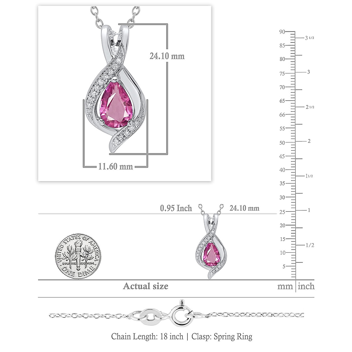 Dazzlingrock Collection 9x6 mm Pear Lab Created Pink Sapphire & Round White Diamond Swirl Teardrop Pendant with 18 inch Silver Chain for Women in 14K White Gold