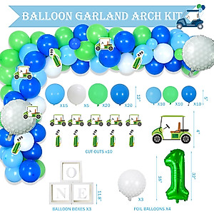 129 PCs Hole In One First Birthday Decorations, Fiesec Golf 1st Party Decorations Backdrop Balloon Garland Banner Tablecloth Cake Cupcake Topper Box Cutout Crown Poster Golf Club Ball Green Blue