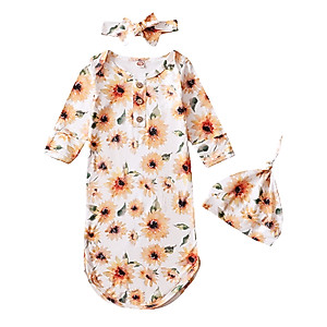 DPSKY Infant Baby Cotton Sleeper Gown Sunflowers Knotted Pajamas Newborn Sleepwear Sleeping Bag with Headband 2Pcs Set, 0-6 Months