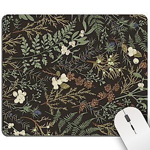 Mouse Pad Cute Green Mousepad Black Vintage Botanical Leaf Floral Flower Square Computer Desk Mat Nature Forest Washable Aesthetic Plant Non-Slip Rubber Gaming Office Travel Laptop Wireless Accessory