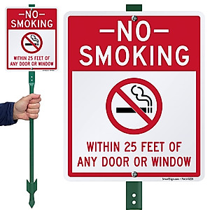 SmartSign 12 x 10 inch “No Smoking Within 25 Feet Of Any Door Or Window” LawnBoss Yard Sign with 3 foot Stake, 40 mil Laminated Rustproof Aluminum, Red, Black and White, Set of 1, Made in USA