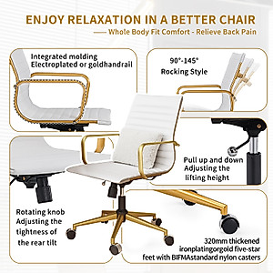 LUXMOD Ergonomic Computer Chair – Ultimate Comfort for Long Hours – Adjustable Swivel White and Gold Desk Chair – Ideal for Home Office – Stylish Gold Office Chair