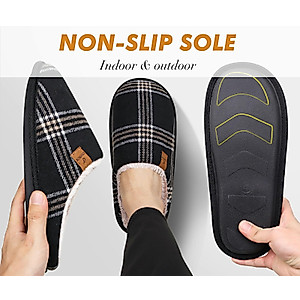 COFACE Mens Black Flano Plaid Cozy Memory Foam scuff Slippers Slip On Warm House Shoes Indoor/Outdoor With Best Arch Support Size 8.5