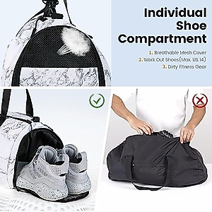 Large Gym Bag for Women with Shoe Compartment, 40L Sports Bag for Men with Wet Pocket, Lightweight Duffel Bag Travel Bag for Weekend Overnight Trips (Marble White)