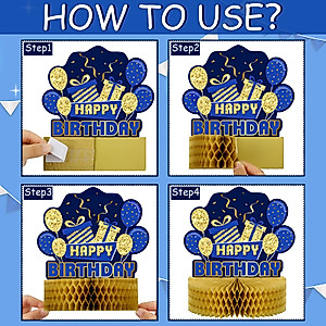 9 Pieces Blue Gold Birthday Table Decorations Happy Birthday Honeycomb Centerpieces Glitter Table Toppers, Blue and Gold Party Decorations for Kids Baby Shower, Men and Woman Birthday Supplies