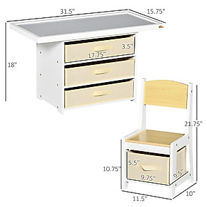 Qaba 3-in-1 Kids Activity Table and Chairs Set with 3 Surfaces Including Kids Drawing Table, Kids Building Blocks Table, Road Map with 2 Cars, Storage Baskets for Preschool Children