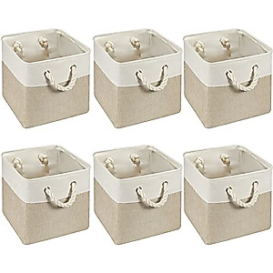 6 Pieces Cube Storage Bins Small Foldable Storage Cube Baskets with Sturdy Carry Handles Multipurpose Storage Cube Baskets Organizer Bin for Home, Office, Nursery (White, Light Brown,11 x 11 Inch)