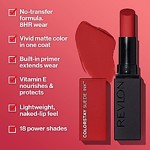 REVLON Lipstick, ColorStay Suede Ink, Built-in Primer, Infused with Vitamin E, Waterproof, Smudge-proof, Matte Color, 004 Pure Talent, 0.09 oz.