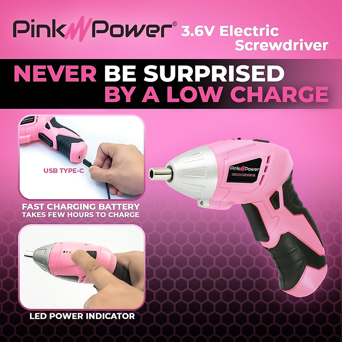 Pink Power Cordless Screwdriver Set - 3.6V Electric Screwdriver Rechargeable Screw Gun Kit - Automatic Mini Pink Drill Set for Women - Portable Small Drill Battery Powered Screwdriver LED Light