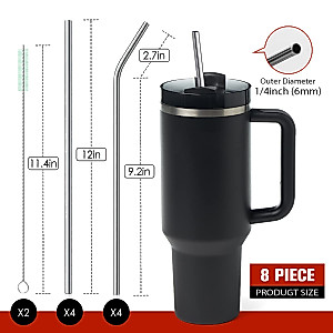 8 Piece 1/4 inch (6mm) Wide Stainless Steel Straws for 40 oz Tumbler with Handle, 12 Inch Long Reusable Metal Drinking Straws, Replacement Straws with Silicone Tips & Cleaning Brush, Silver